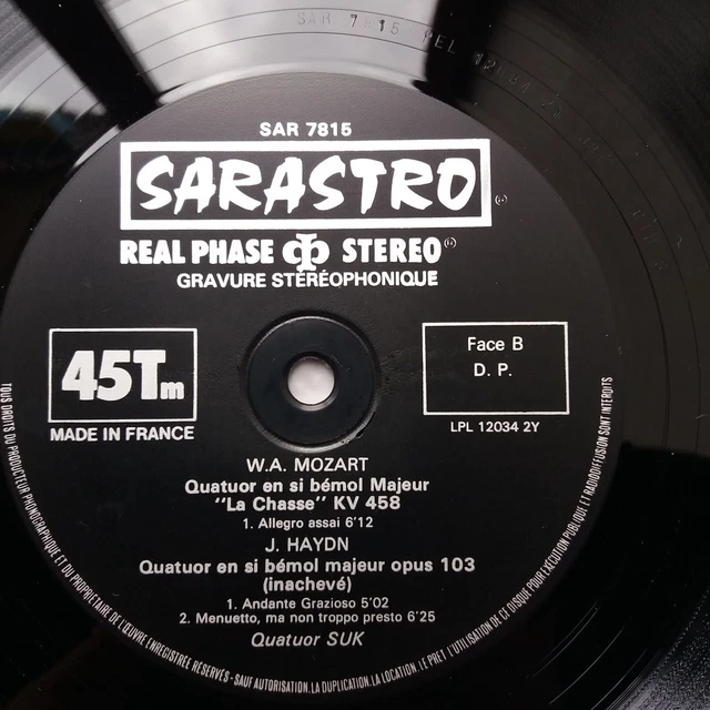 SARASTRO W A MOZART / J HAYDN QUATUOR SUK vinyle LP 45T audiophile SAR ...