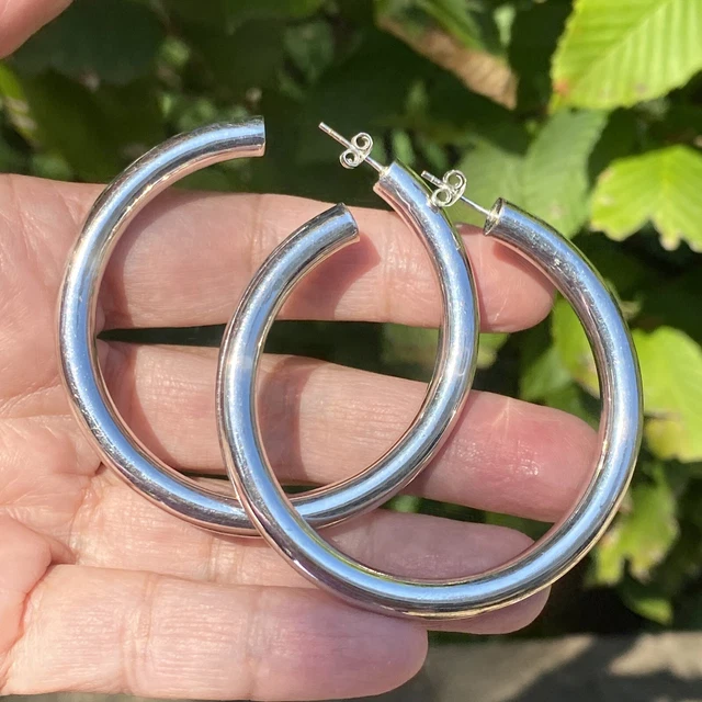 HUGE VINTAGE SILVER Tone Industrial Modernist Pipe Hoop Mega Earrings 2 ...
