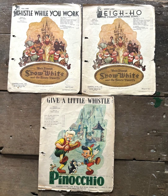 THREE MUSIC SHEETS Pinocchio Snow White & Seven Dwarfs Walt Disney £20. ...