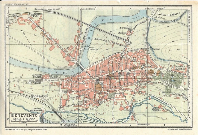 CARTA GEOGRAFICA ANTICA BENEVENTO Pianta della città TCI 1928 Old ...