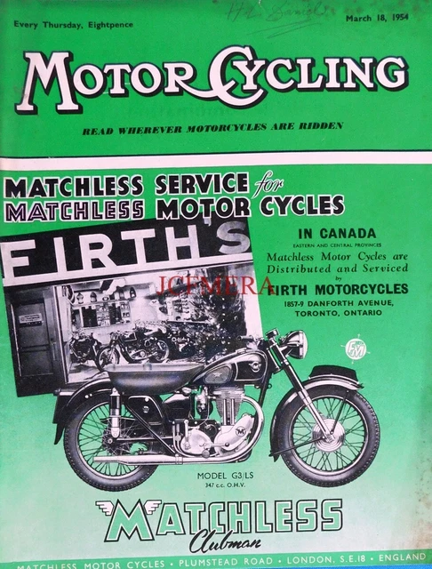 MATCHLESS MOTOR CYCLES 'Clubman G3/LS' Advert - 18/03/54 Magazine Cover ...