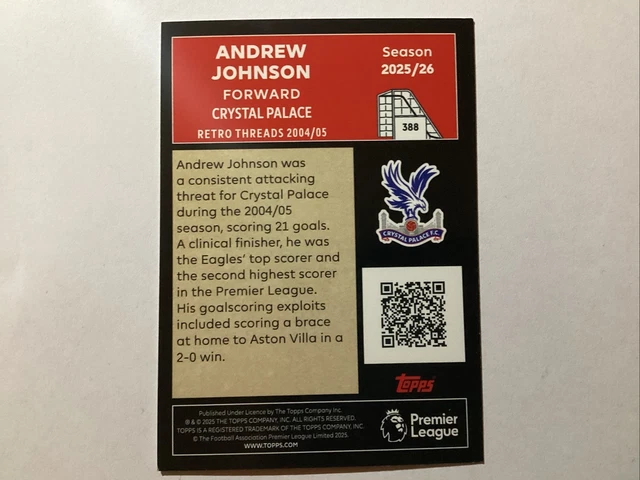 ANDREW JOHNSON CRYSTAL Palace Topps Premier League 2025/26 Retro ...