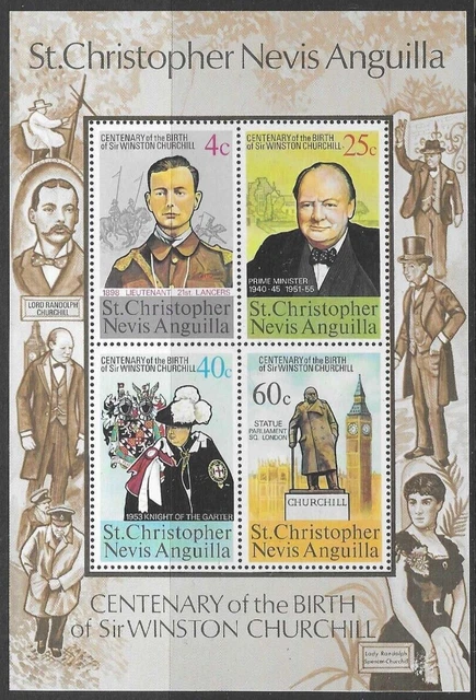 ST CHRISTOPHER NEVIS ANGUILLA ~ SIR WINSTON CHURCHILL MINI SHEET ~ 1974 ...