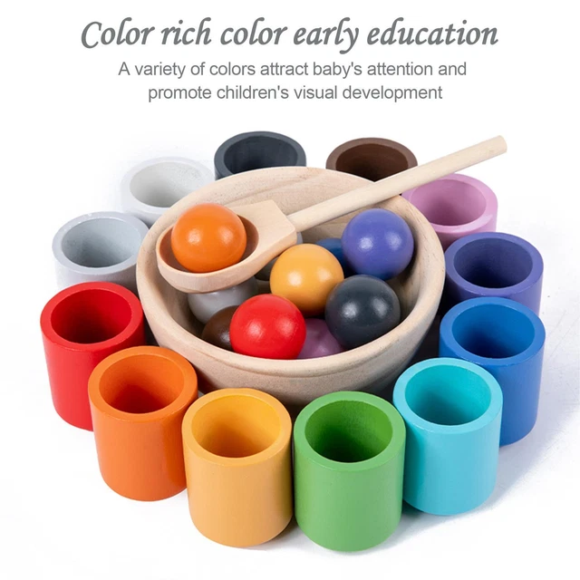 WOODEN RAINBOW BALLS in Cups Montessori Toy Fine Motor Early Education ...