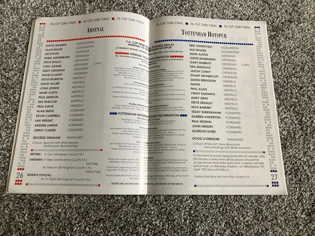 TOTTENHAM V ARSENAL 1993 FA Cup Semi- Final Programme. £3.32 - PicClick UK