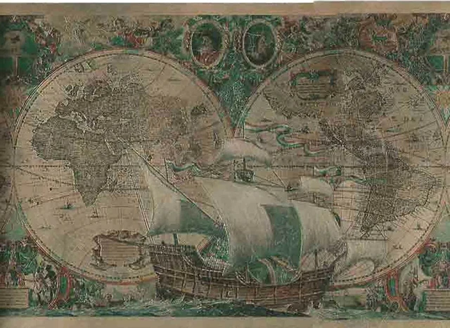 OLD WORLD MAPS Sailing Ships Wallpaper Border 3 spools - 45 feet "FREE ...