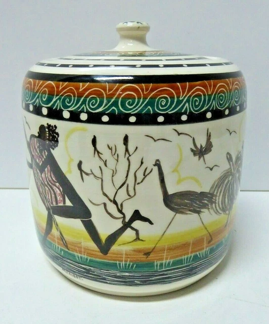AUSTRALIAN POTTERY BOYD Canister Pot Aboriginals Kangaroo Emus Signed M ...