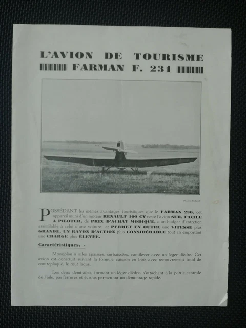 FASCICULE L'AVION DE tourisme FARMAN F 231 / Farman 230 / Renault 100 ...