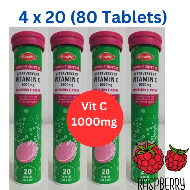 4 X 20 Effervescent Tablets 1000mg Vitamin C 1000mg *Raspberry flvr ...