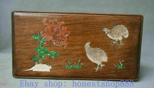 11.6& OLD CHINESE Huanghuali Wood Inlay Shell Dynasty Flower Birds ...