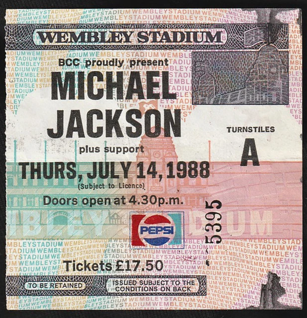 MICHAEL JACKSON TICKET Billet BAD TOUR Stub Wembley Stadium England UK ...