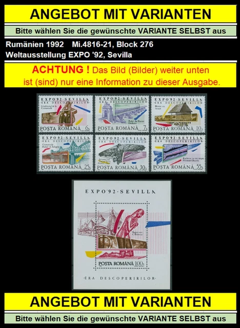 RUMÄNIEN 1992 WELTAUSSTELLUNG EXPO '92 Sevilla,Brancusi Mi.4816-21 ...