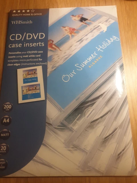 WHSMITH CD/DVD CASE inserts A4 For Inkjet Printers 20 sheets £5.75 ...