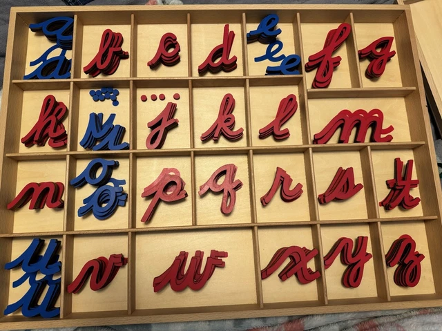 LARGE MONTESSORI RED & Blue Cursive Wooden Moveable Alphabet with ...