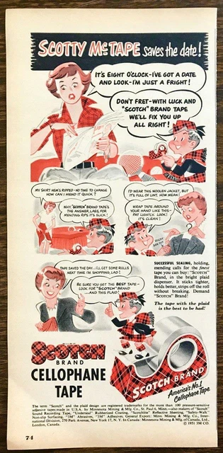 1952 3M SCOTCH Cellophane Tape PRINT AD Scotty McTape Saves Her Date ...
