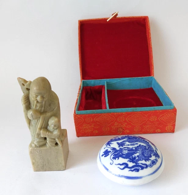 VINTAGE CHINESE MARBLE Foo Dog Stamp Seal With Ceramic Pot Red Ink Wax ...