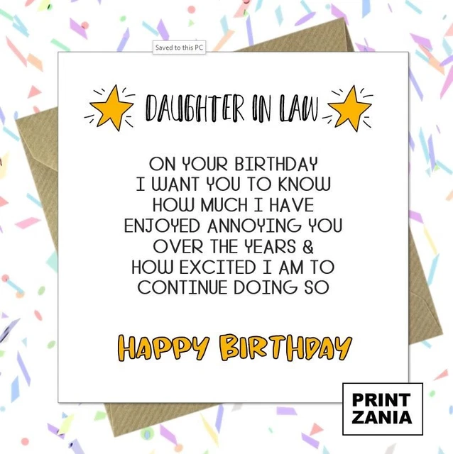 DAUGHTER IN LAW Funny Birthday Card for Her Humour Comedy Cheeky EBU £2 ...
