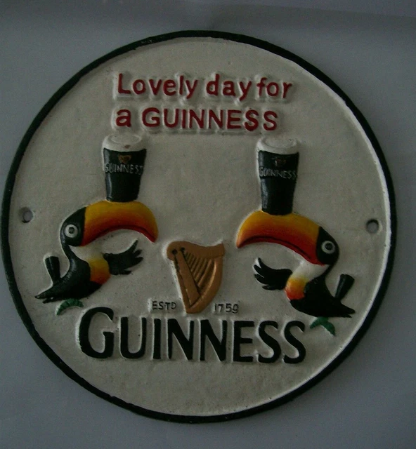 ROUND CAST IRON Sign Hand Painted Lovely Day For A Guinness Toucans Bar ...