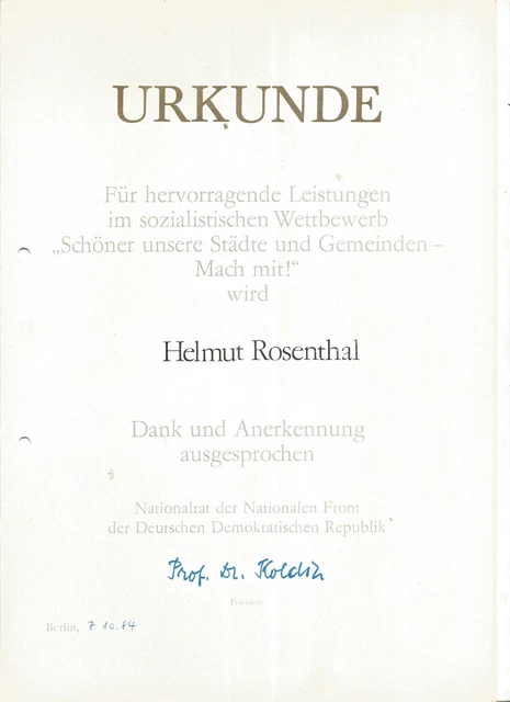 DDR URKUNDE NATIONALE Front Dank "Schöner unsere Städte und Gemeinden ...