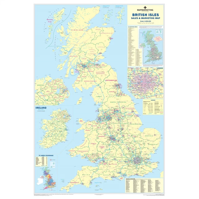 BIG LAMINATED SALES & MARKETING WALL MAP OF UK with COUNTY BOUNDARIES ...