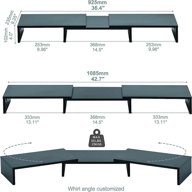 FITUEYES DUAL MONITOR Stand Wood PC Laptop Computer Screen Riser, 3 ...