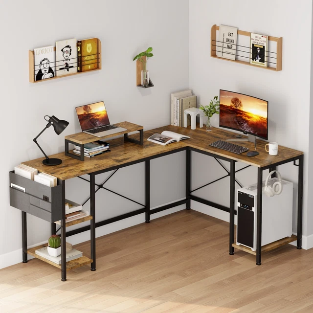 L SHAPED DESK 80" Reversible Corner Computer Desk with Shelves Home ...