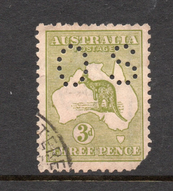 1915 AUSTRALIA KANGAROO Official Perfin Stamp. Three Pence 3d. 3rd wmk ...