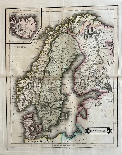 1831 SCANDINAVIA DI Daniel Lizars Mappa antica grande colorata a mano ...