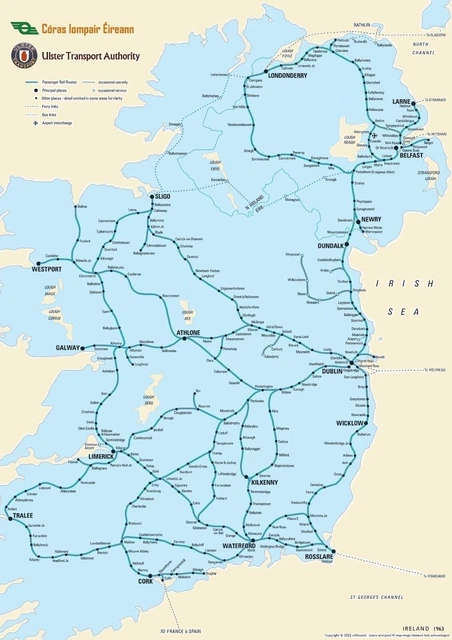 IRELAND TRAIN MAP (RAIL PASSENGER NETWORK) CIE/UTA* 1963 Size A2 ...