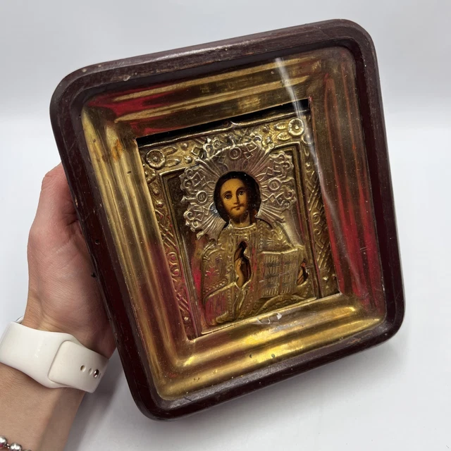 ICÔNE ORTHODOXE VINTAGE — Jésus-Christ Pantocrator — Laiton Doré Oklad ...