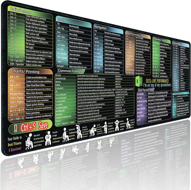 EXCEL CHEAT SHEET Mouse Pad Extra Large Office Keyboard Shortcuts ...