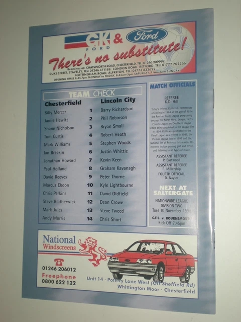 CHESTERFIELD V LINCOLN CITY, 7th NOVEMBER 1998, NO WRITING, MINT ...