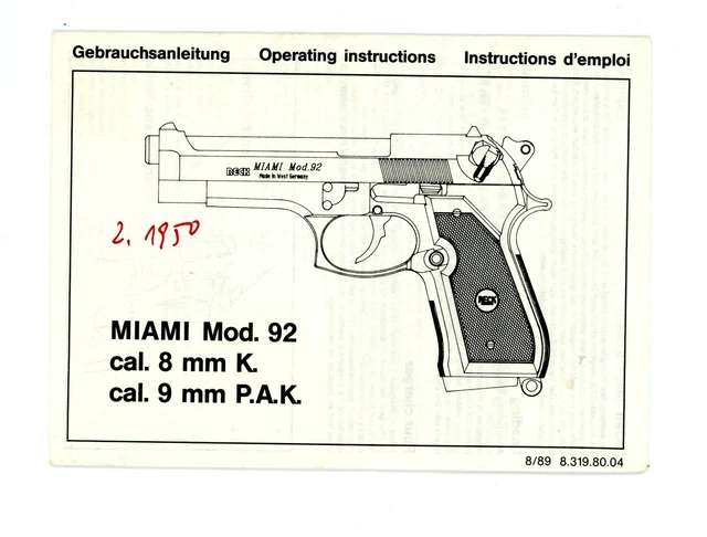 UMAREX USER INSTRUCTIONS RECK MIAMI Mod. 92 cal. 8 mm K. 9 mm P.A.K. Gun (10 £15.40 - PicClick UK