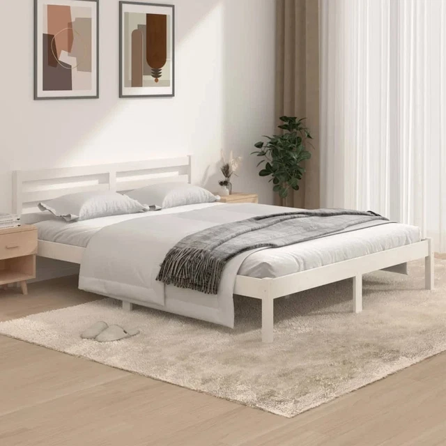 WHITE SOLID PINE Wood Bed Frame 5FT King Size 160x200 cm Modern Design ...