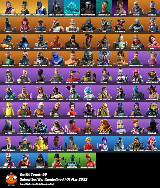 96 SKINS FN Rebirth Raven, Lara Croft, Neymar Jr, Omega, Mandalorian ...