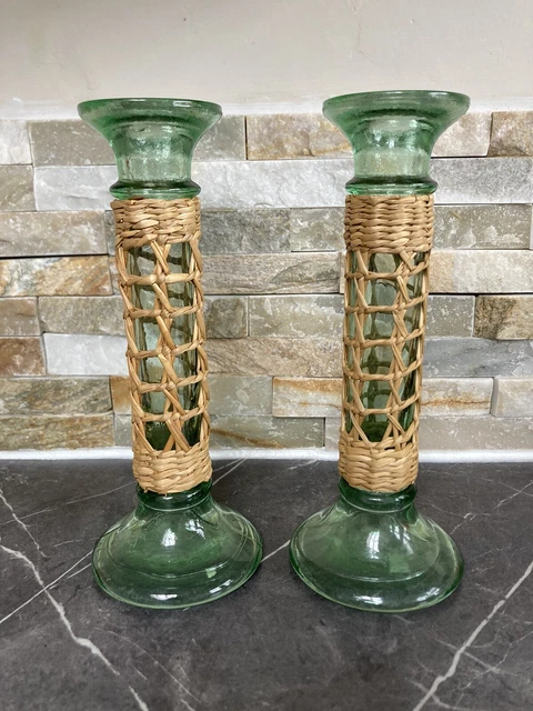 PAIR 1990S VINTAGE Clear Green Glass and Wicker Candlesticks Holders ...