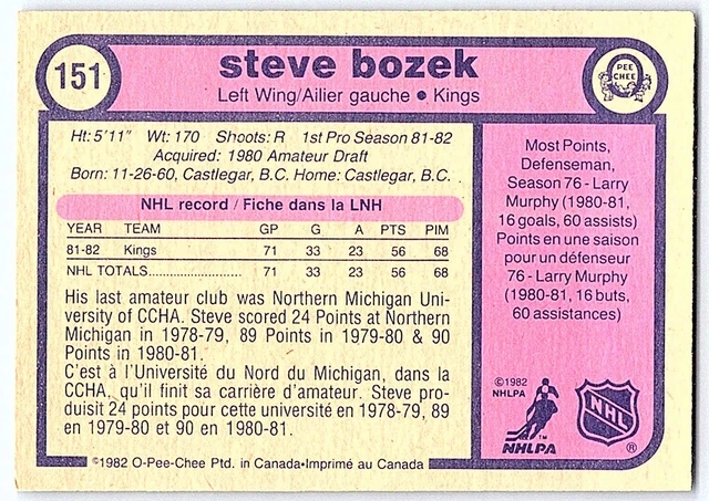 1982-83 O-PEE-CHEE **C** Steve Bozek recrue Los Angeles Kings #151 EUR ...
