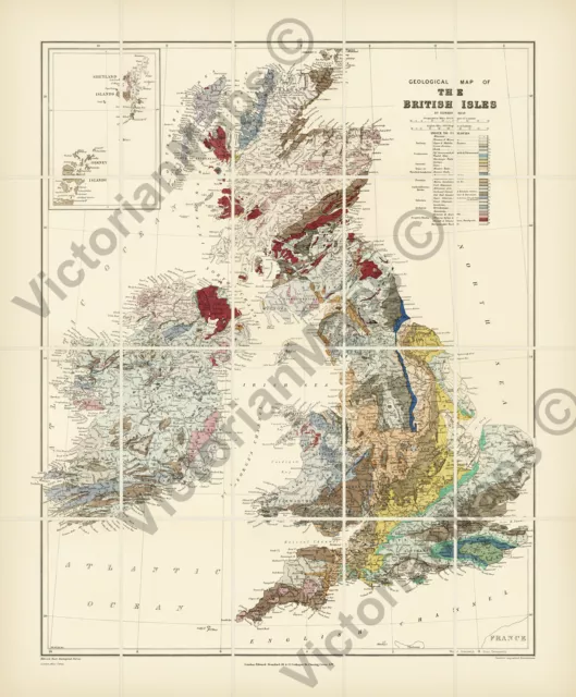 LARGE ANTIQUE GEOLOGICAL Map of the British Isles. 2nd Ed 1912. In ...