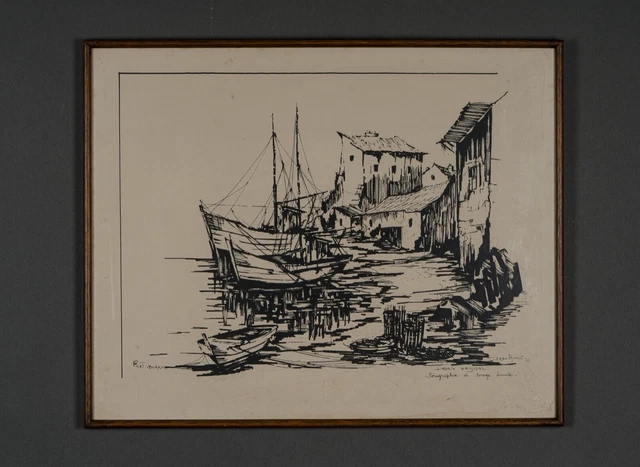 DESSIN À LA plume par Jean Amiot 1977 Scène de port Vendres Sérigraphie ...