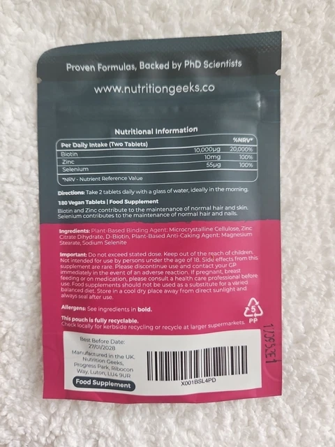NUTRITION GEEKS BIOTIN Growth+ 180 Vegan Tablets 10,000µg £1.13 ...