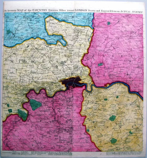 ANTIQUE MAP, AN Accurate map of the Country sixteen miles round London ...