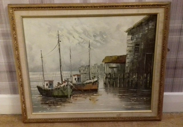 VINTAGE OIL PAINTING on Canvas - Boats Harbour - Original - Signed by W ...