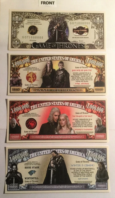 FULL SET OF 4 Game Of Thrones Rare $1,000,000 Novelty Notes, TV Shows ...