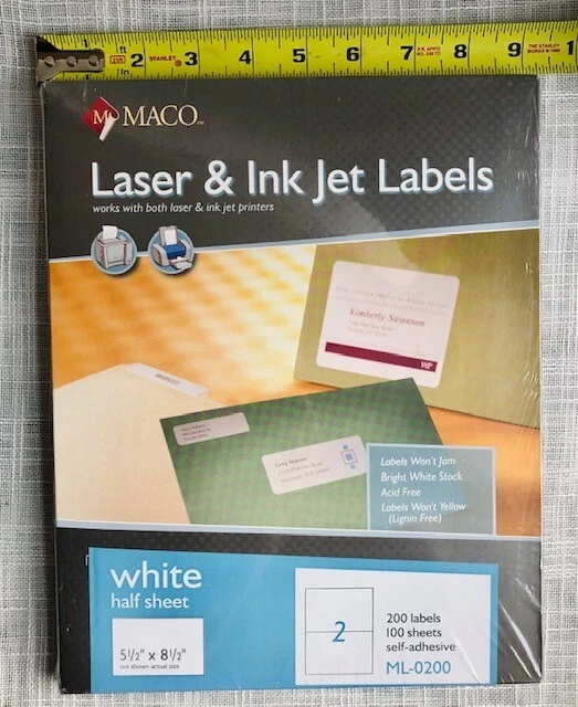 MACO WHITE HALF Sheet Laser/Inkjet Labels Factory Sealed NEW 100 sheets ...