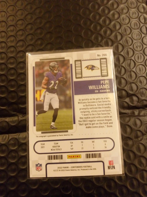 BILLET RECRUE BALTIMORE Ravens 2022 Contenders Pepe Williams voiture RC ...