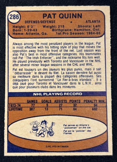 1974-75 O-PEE-CHEE #286 PAT QUINN * See Pics for Condition EX $2.25 ...