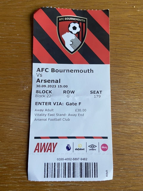 AFC BOURNEMOUTH V ARSENAL Ticket Stub (Arsenal Away Section) 30 ...