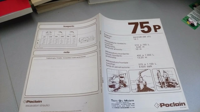 ESCAVATORE POCLAIN 75 9, Scheda tecnica brochure booklet opuscolo, 1975 ...