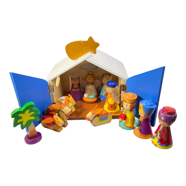 CHILDREN’S CHRISTMAS NATIVITY Wooden Set Creche Stable Figures Animals ...
