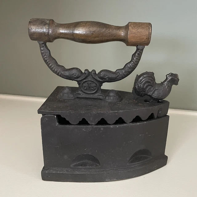 VINTAGE CAST IRON Sad Iron Clothes Press With Wood Handle & Rooster ...